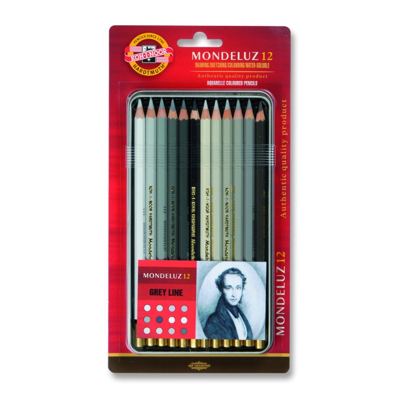 Set 12 Creioane Mondeluz Aquarell GRI - Nuante Monocrome Arta - Koh-I-Noor